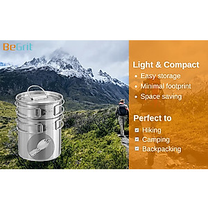 BeGrit Camping Pots Camping Cups and Mugs 304 Stainless Steel with Folding Spoon, Vented Lids