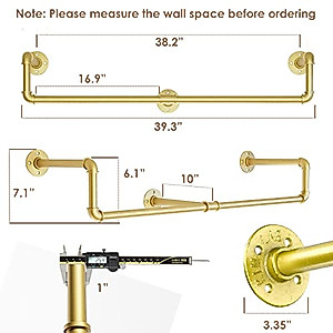 Industrial Pipe Clothing Rack, Wall Mounted Clothes Rack, Industrial Clothing Rack, Pipe Clothing Rack, Closet Rods for Hanging Clothes, 100% Galvanized Steel (39 in, Gold)