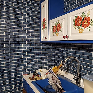 HeloHo 17.7" X 118" Blue Brick Wallpaper Peel and Stick Wallpaper Self-Adhesive Removable Wallpaper Brick 3D Textured Wallpaper for Kitchen Backsplash Living Room Bedroom Decor