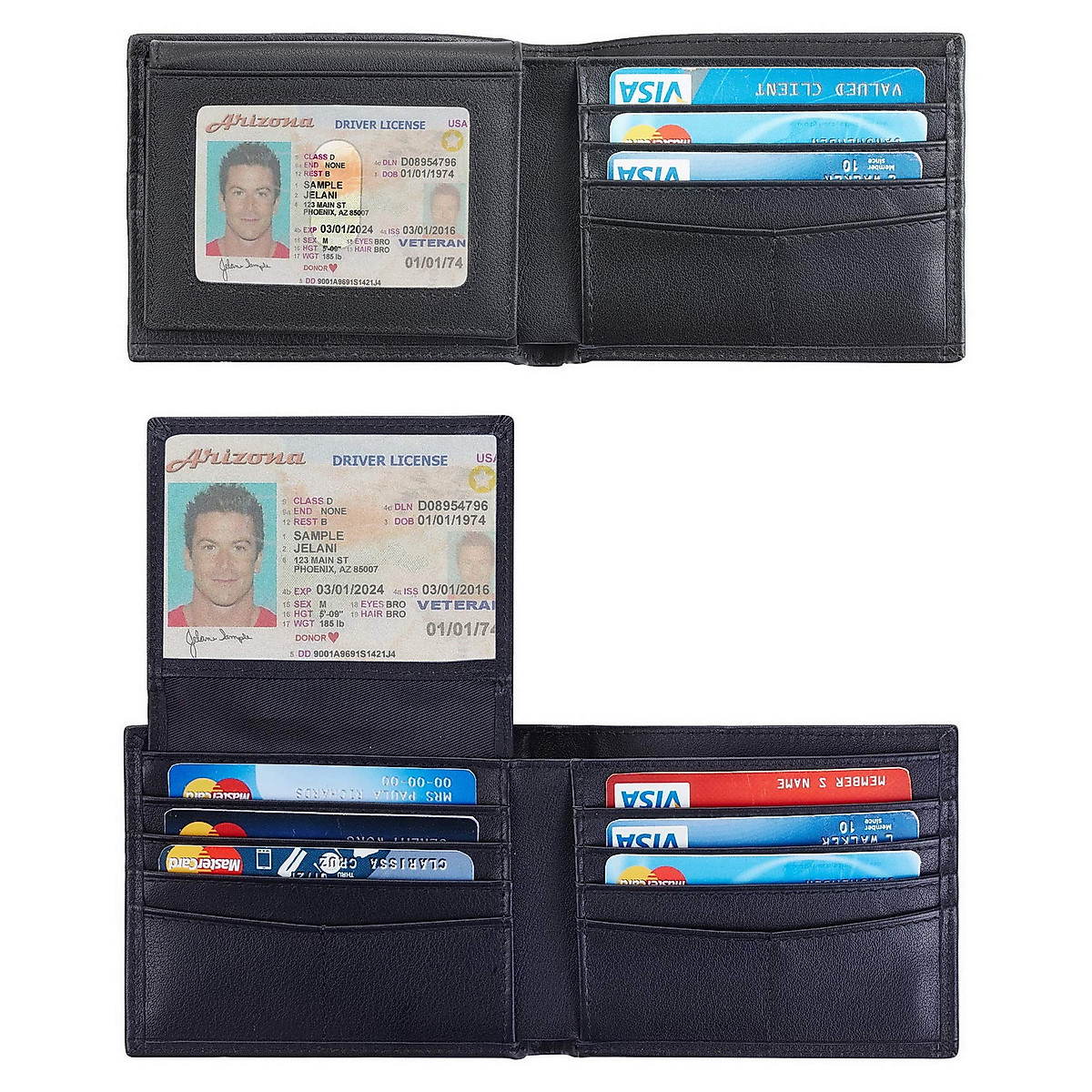 Travelambo Black Wallet for Men, Premium Classic Leather RFID Blocking Mens Wallet, 10 Credit Card Holder Minimalist Front Pocket, Mens Bifold Wallet with 2 ID Window