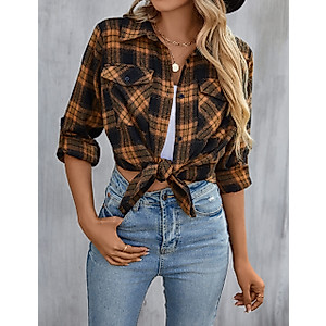 Blooming Jelly Women's Flannel Shirts Plaid Shacket Button Down Collared Business Casual Blouse 2023 Fall Roll Up Long Sleeve Tops (Yellow,Small)