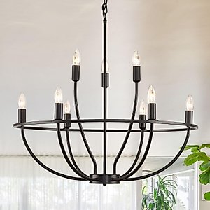 Black Chandeliers for Dining Room: 9-Light Farmhouse Dining Room Light Fixture, Rustic Industrial Kitchen Island Lighting, Round Chandelier Light Fixture, for Living Room, Bedroom, Foyer, Entryway