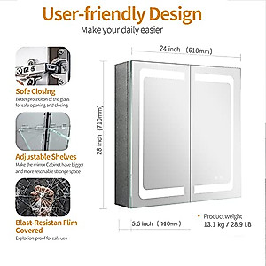 Janboe 24 Inch X 28 Inch Illuminated Led Mirror Cabinet for Bathroom Stainless Steel Wall Mounted Medicine Cabinet with Double Touch Switches for Clor Change, Dimmer and Anti-Fog Function