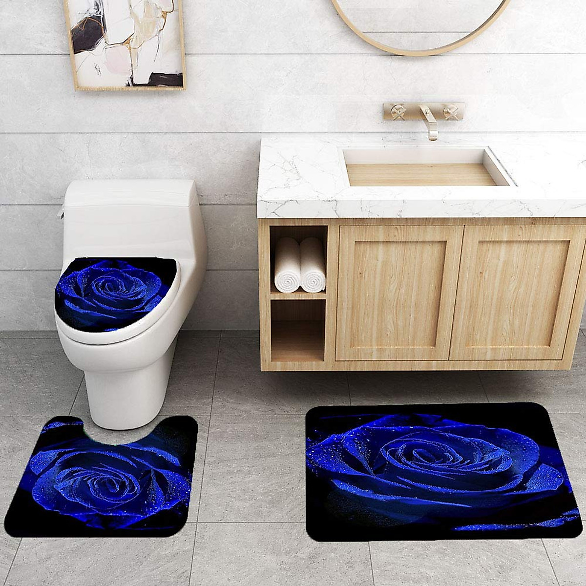 Camille&Andrew 4PCS/Set Dewy Royal Blue Rose Shower Curtain, Elegant Floral Romantic Flower Women Bathroom Decor, Waterproof Fabric Shower Curtain, Non-Slip Bath Rugs Toilet Carpet Bathroom Mat, Blue