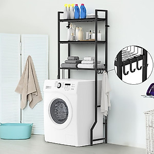 NOVIMANGO Over The Toilet Storage 3 Tier Over Toilet Bathroom Organizer Wooden Bathroom Space Saver Freestanding Above Toilet Stand with 4 Hooks Black Over The Toilet Rack for Restroom, Laundry