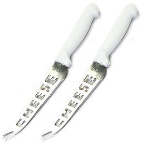 Set of 2 Cheese Knives with White Handles, Classic Fork Tip Stainless Steel Blade