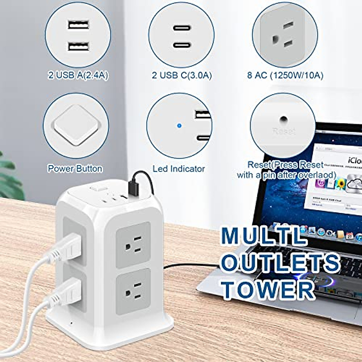 ODOM Tower Power Strip Surge Protector Flat Plug with 8 Outlets 4 USB Ports (2 USB C), 6 Feet Extension Cord with Multiple Outlets, Multi Charging Station, Home Office Supplies, Dorm Room Essentials