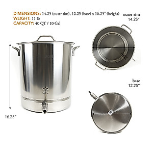GasOne BS-40 Stainless Steel Kettle Pot Pre Drilled 4 PC Set Quart Tri Ply Bottom for Beer Includes Lid, Thermometer, Ball Valve Spigot-Home Brewing Supplies, 40 QT/10 GALLON