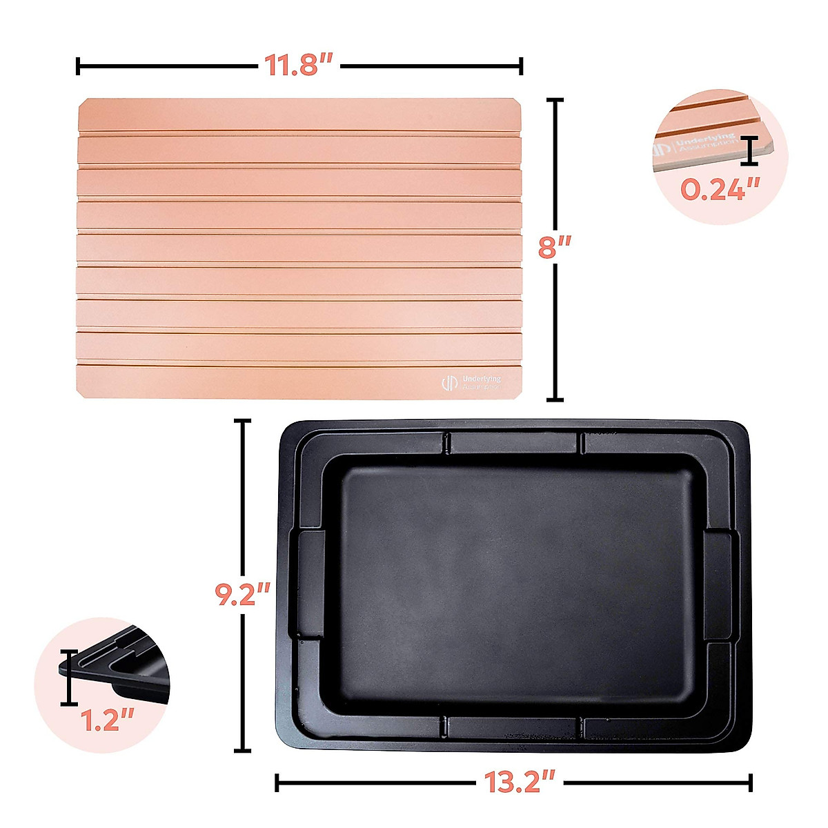 Premium Ultra Fast Defrosting Tray for Frozen Meat, Miracle Thaw Defrosting Tray, Extra Thick Meat Defroster Tray for Quick Thawing, Rose Gold Defrosting Plate Board with Sturdy Water Drip Tray