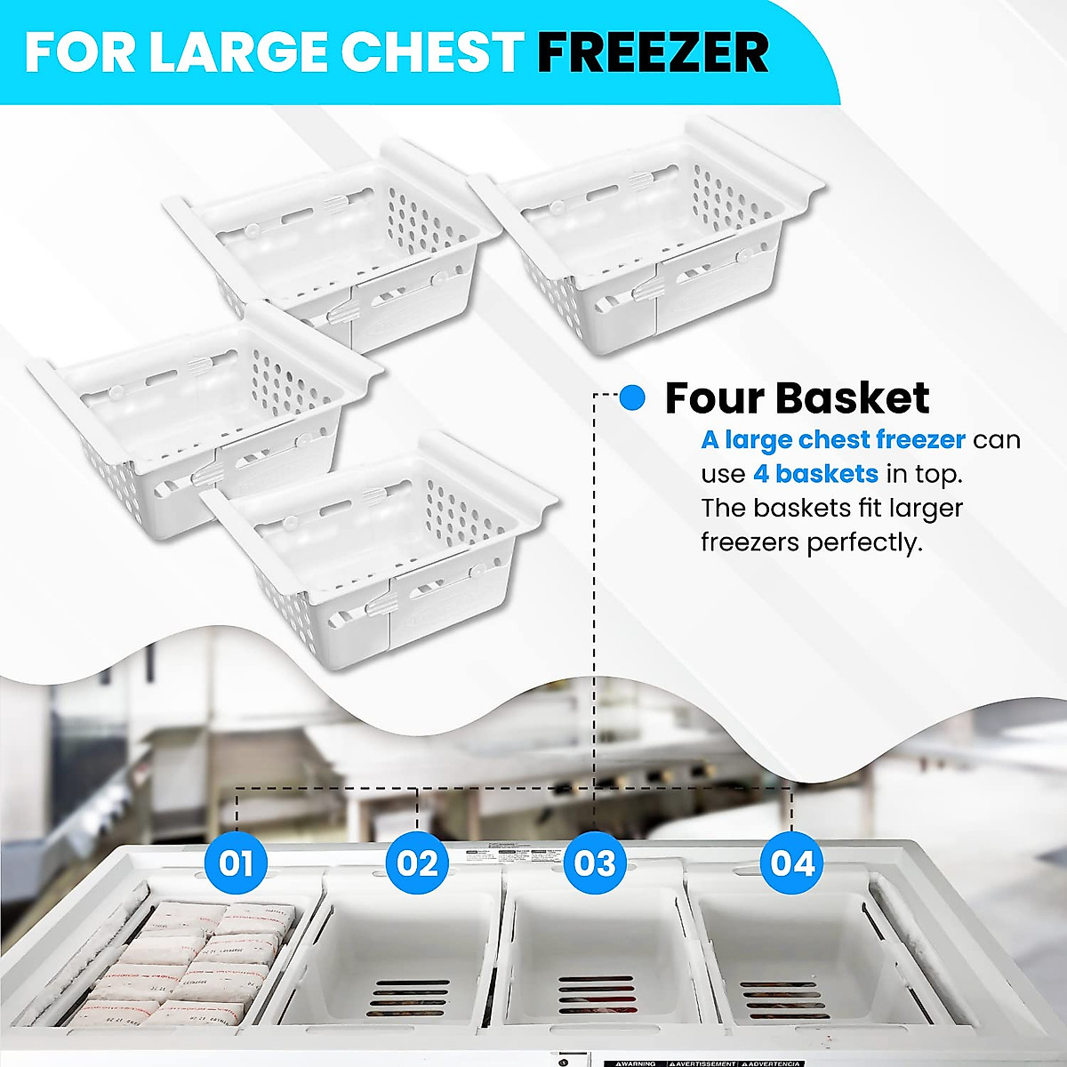 FreezerMax System. Organizer for Freezers 8 to 15 cubic feet. Creates 3 levels of sliding baskets. 8 bins and magnetic organizer. PLEASE MEASURE YOUR FREEZER BEFORE ORDERING.
