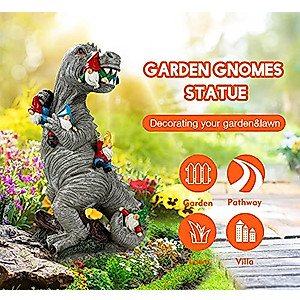 Himaweek Garden Statue Outdoor Decoration, Dinosaur Eating Gnomes Figurines, Indoor Outdoor Décor Garden Art for Patio Lawn Yard, 13.5” x 7.6” Housewarming Garden Gift