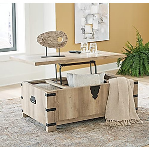 Signature Design by Ashley Calaboro Casual Lift-Top Rustic Coffee Table, Light Brown & Black
