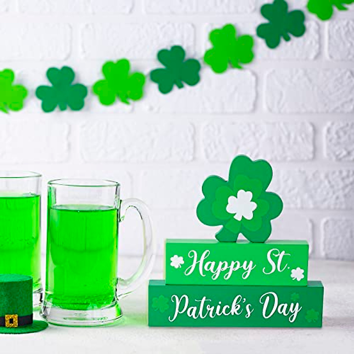 Happy St Patrick's Day Wooden Table Decorations and Happy Easter Centerpiece with Colorful Bunny and Eggs Signs