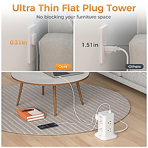 Surge Protector Power Strip Tower 10 FT, TESSAN Flat Plug Extension Cord with 8 AC Outlets 3 USB Ports (1 USB C), 1700J Protection Desk Charging Station for Home, Office Supplies, Dorm Room Essentials