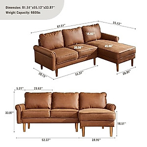 HOOOWOOO 81.51" L Shaped Couch Mid Century Modern Sectional Couch Brown Faux Leather Sofa with Right Chaise 3-Seater Rolled Arms Solid Wood Frame for Living Room Apartment