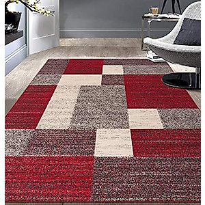 Modern Boxes Design Non-Slip (Non-Skid) Area Rug 5 X 7 (5' 3" X 7' 3") Red