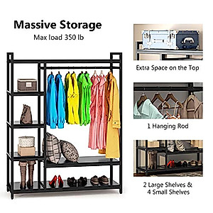 LITTLE TREE Free -Standing Closet Organizer,Heavy Duty Closet Storage with 6 Shelves and Hanging Bar, Large Clothes Storage & Standing Garmen Rack, Black