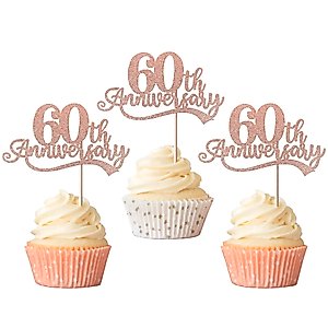 Rsstarxi 24 Pack 60th Anniversary Cupcake Toppers Glitter Cheers to 60 Years Wedding 60 th Birthday Cupcake Picks for Happy 60th Anniversary Birthday Retirement Party Cake Decorations Rose Gold