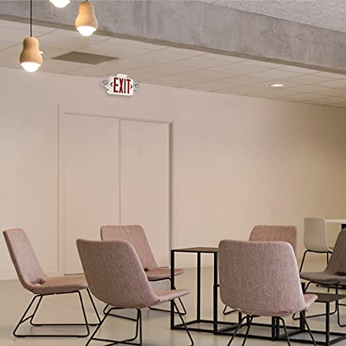 Hubbell Lighting CCRRC Emergency Exit Sign, Remote Compatible Combination Emergency Light and Exit Sign for Stair-Wells, Hallways, Offices, 2 Fully Adjustable LED Heads, White with Red EXIT Letters