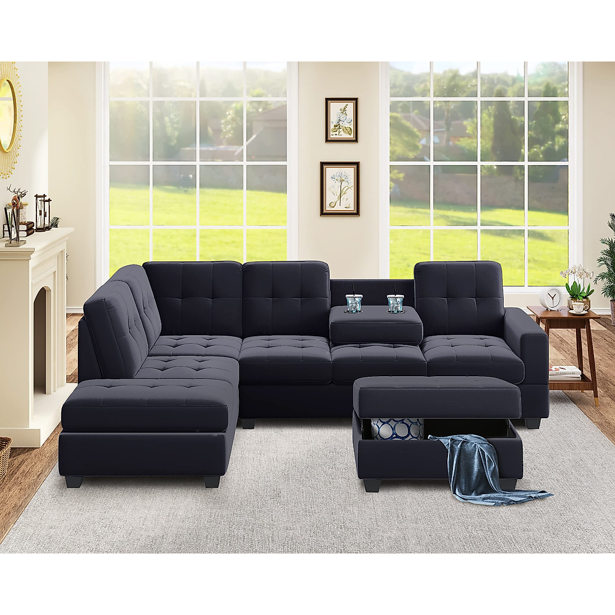 P PURLOVE Modern Sectional Sofa, Reversible Sectional Sofa with Storage Ottoman, L Shaped Couch Set with Reversible Chaise and Two Cup Holders, for Living Room Apartment, Black
