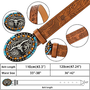 INOGIH Men-Western-Cowboy-Leather-Buckle-Belts-with-Longhorn-Bull-Floral-Engraved-Belt-Buckle-for-Jeans 33" to 42" Waist