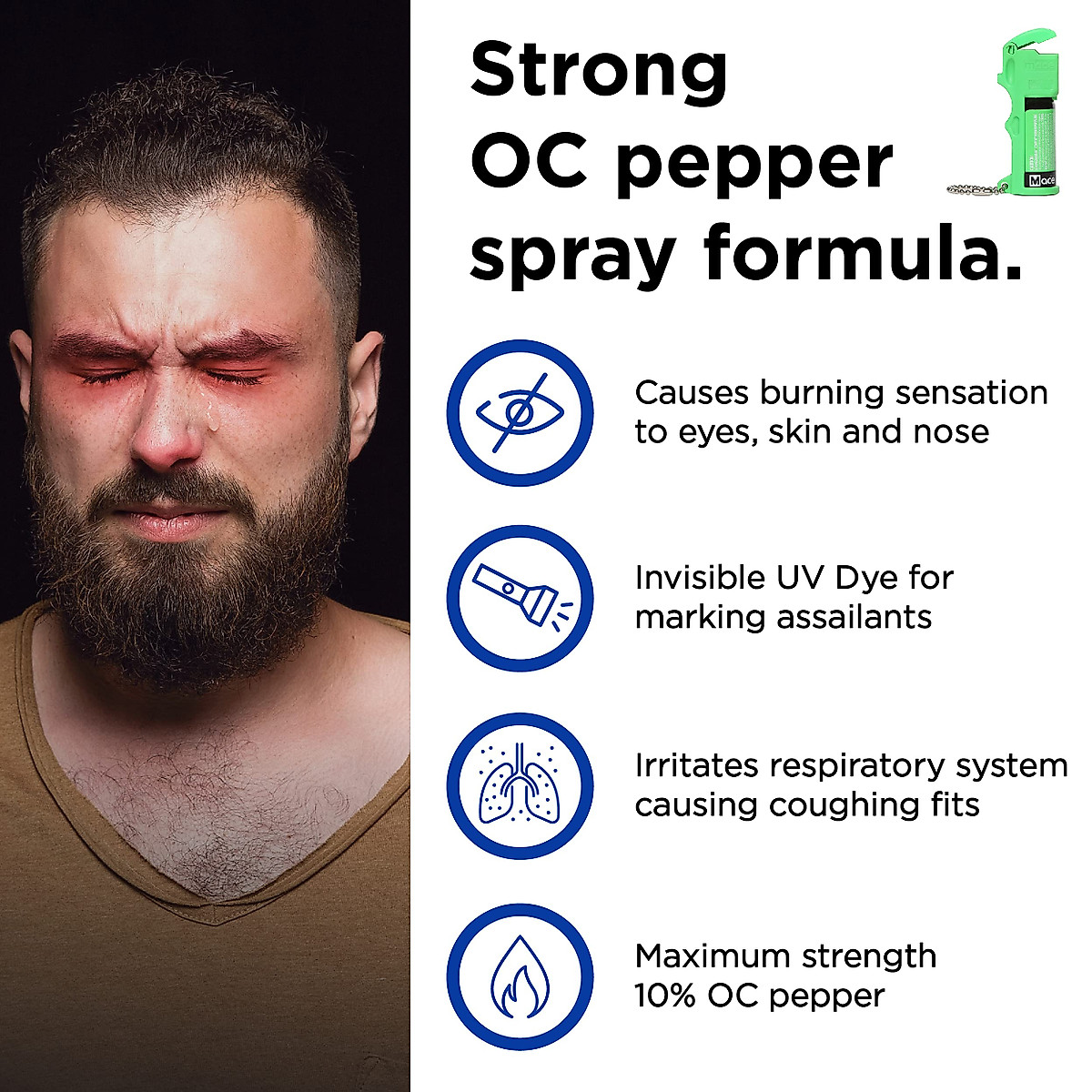 mace Brand Pocket Pepper Spray (Neon Green) – Accurate 10’ Powerful Pepper Spray with Flip Top Safety Cap, Leaves UV Dye on Skin – Great for Self-Defense