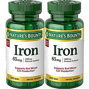 Nature’s Bounty Iron 65mg, 325 mg Ferrous Sulfate, Cellular Energy Support, Promotes Normal Red Blood Cell Production, 100 Tablets - Pack of 2