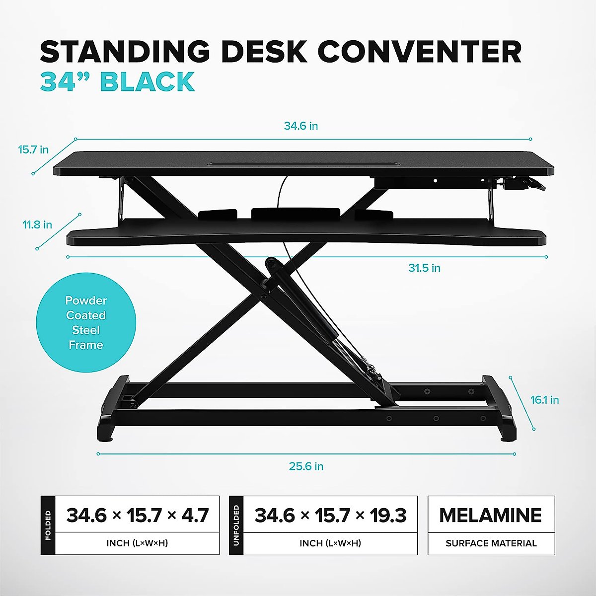 RIF6 34 Inch Convertible Standing Desk – Desk Riser with Customizable Height Settings – Sit to Stand with Spring Assisted Handle – Comes with Tablet and Phone Holder – Black