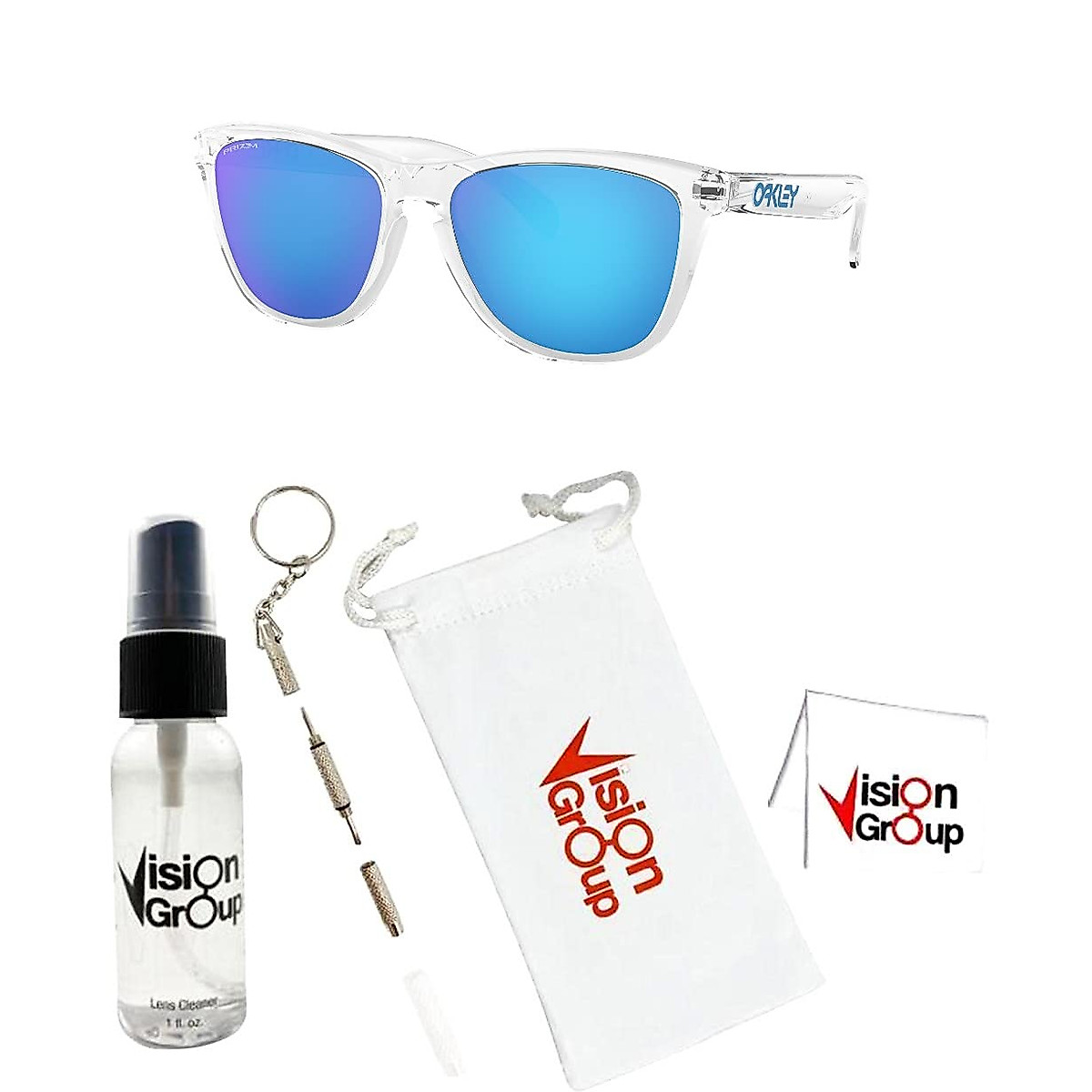 Oakley OO9013 Frogskins Sunglasses+ Vision Group Accessories Bundle (Crystal Clear/Prizm Sapphire (9013D0))