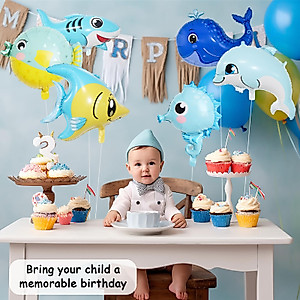 16Pcs Under the Sea Party Decorations, KUAOOAUK Large Ocean Themed Party Decorations, Starfish Seahorse Shark Crab Foil Balloons, Sea Animal Balloons for Kids Baby Shower Birthday Party