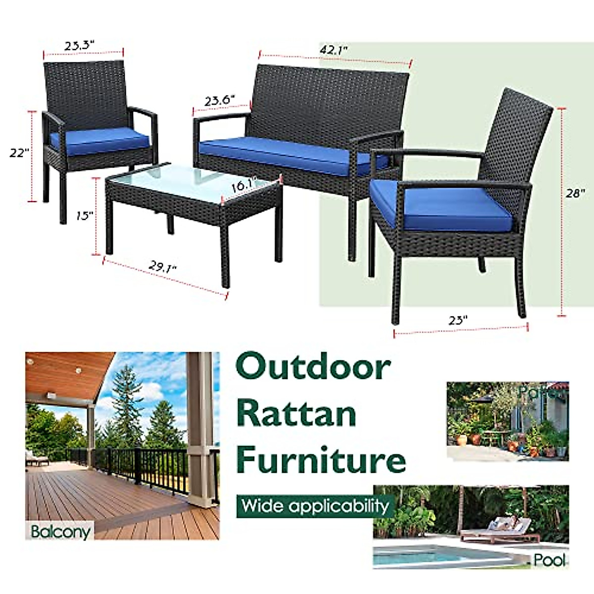 OLYMSOLD Patio Conversation Sets, 4 Piece Patio Furniture Set, Rattan Patio Furniture Sets, Outdoor Conversation Sets, Wicker Patio Furniture Set, Balcony Furniture Set