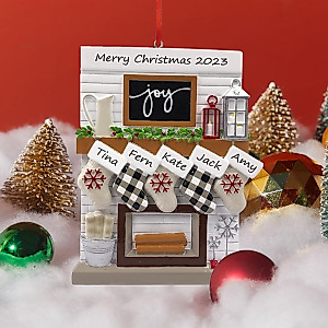 Personalized Christmas Ornaments 2023 Fireplace Mantle Family of 2/3/4/5/6 Custom Name Stockings Joy Ornament for Xmas Tree Decorations Gifts Keepsake - Family of 5