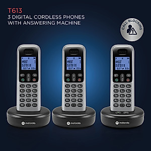 Motorola Voice Cordless Phone System w/ 3 Digital Handsets + Answering Machine, Remote Access, Call Block - Dark Grey (T613)
