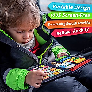 Qizfun Busy Board Montessori Toy for 1 2 3 4 Years Old, Educational Activity Sensory Board Preschool Learning Fine Motor Skills Toys, Toddler Travel Toy for Plane Car, Gift for Boys Girls (Blue/P4)