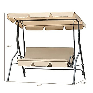 Aoodor Outdoor Patio Porch Swing with Adjustable Canopy, Weather Resistant Glider with Removable Cushions, 3 Seater - Brown