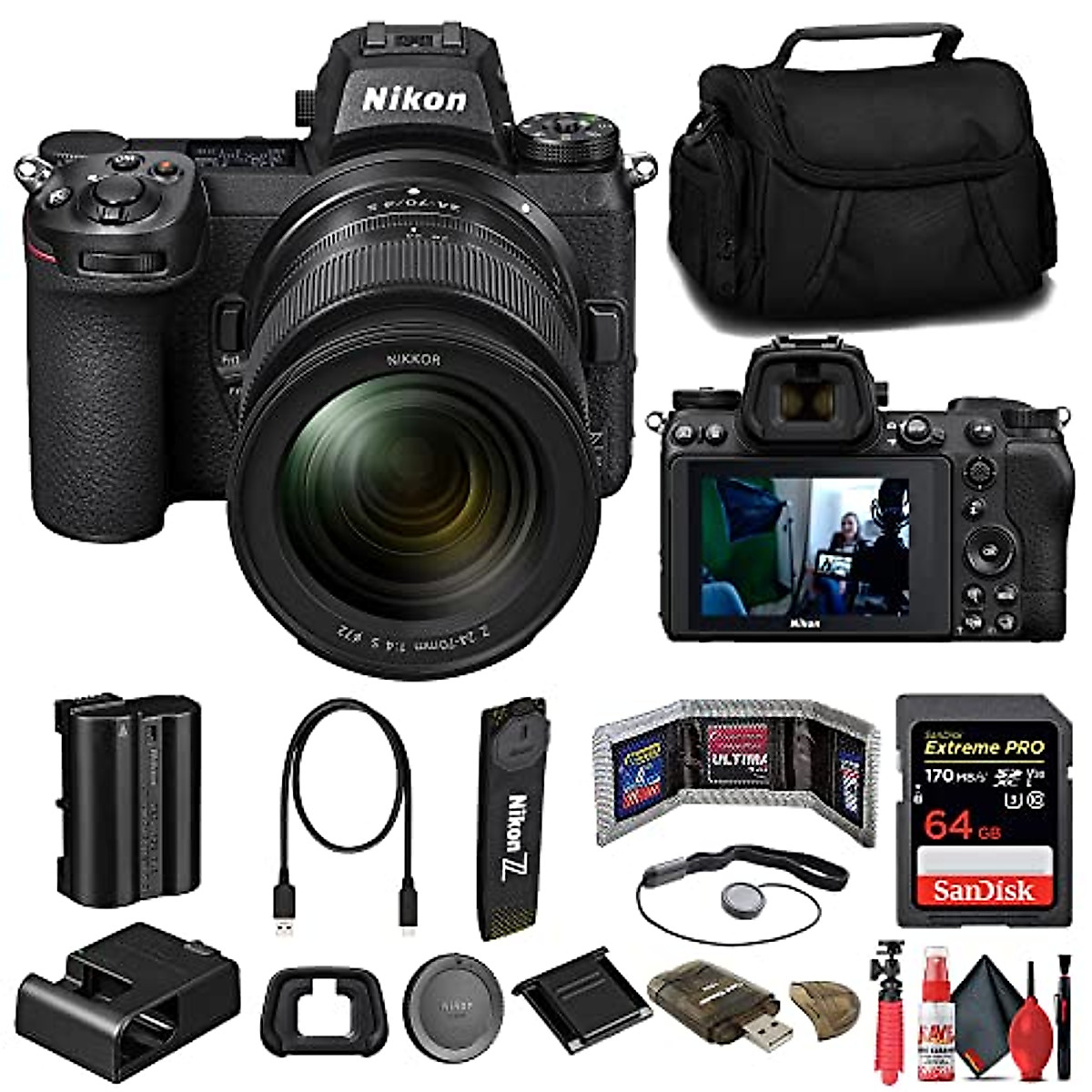 Nikon Z7 II Mirrorless Camera with 24-70mm f/4 Lens (1656) + 64GB Memory Card + Bag + Card Reader + Flex Tripod + Hand Strap + Memory Wallet + Cap Keeper + Cleaning Kit (Renewed)