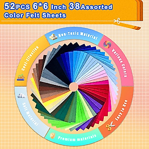 LISUBAN Felt Sheets, 52PCS Felt Fabric,1.4mm Felt, Soft Felt Squares, Colored Felt Sheets for Crafts, Suitable for School, Stuffed, Sewing Project Craft Felt (6 * 6inch-1.4mm)