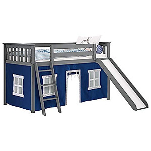 Max & Lily Low Loft Bed, Twin Bed Frame For Kids With Slide and Curtains For Bottom, Grey/Blue