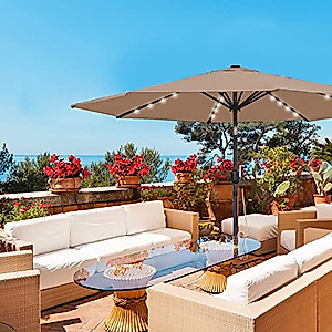SUPER DEAL 10FT Patio Umbrella with 32 Solar LED Lights, Outdoor Large Table Umbrella with Tilt Adjustment and Crank for Market Garden Backyard Beach Poolside