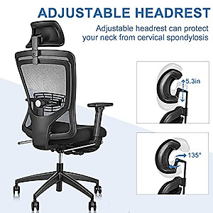 LMIKAF Ergonomic Office Chair with Footrest Support, High Back Desk Chair with 5D Padded Armrest, Lumbar Support, Thick Seat Cushion and Adjustable Headrest - 135° Rocking Mesh Computer Chair