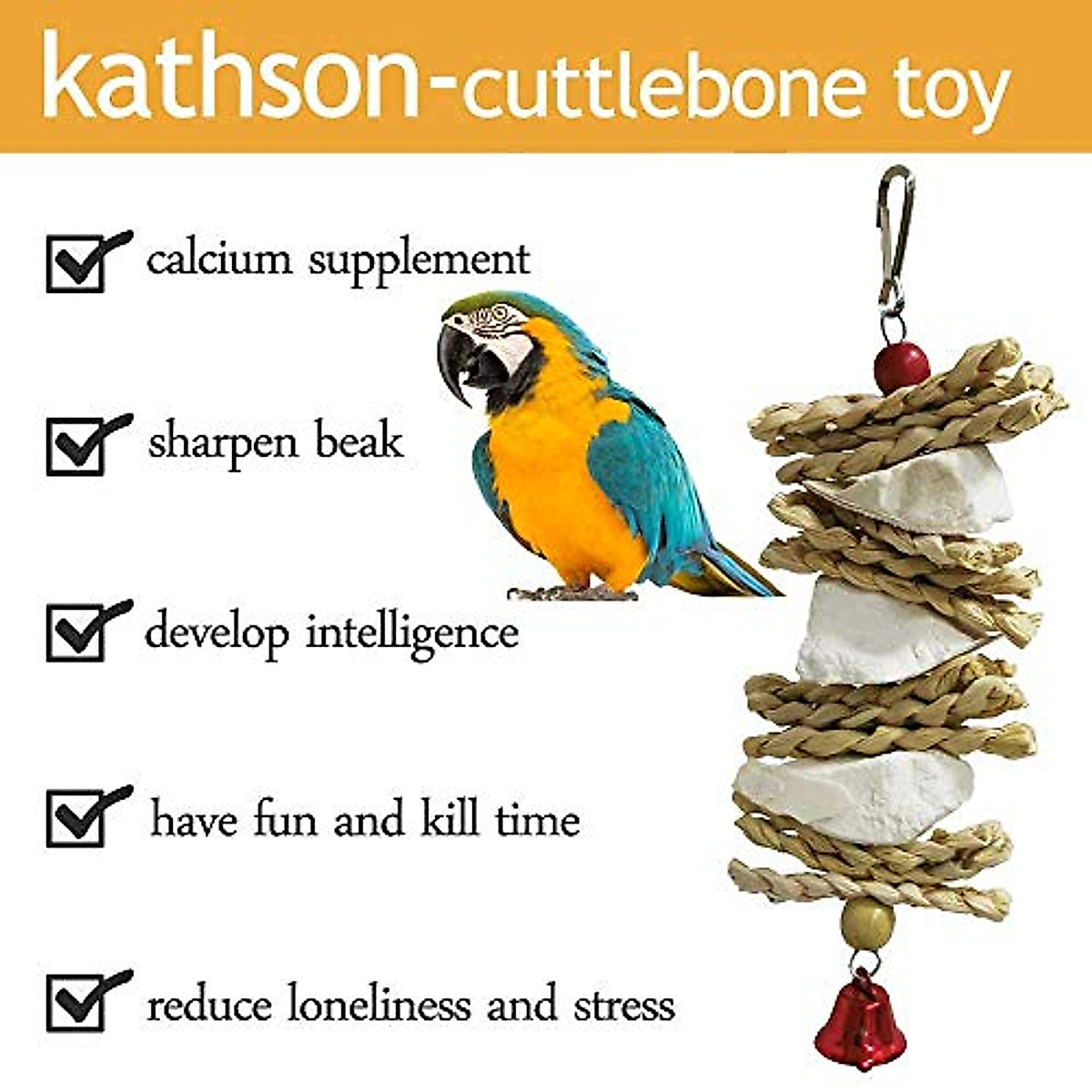 kathson 2PCS Natural Parrot Chewing Toys Wood Bird Toy Hanging Parakeet Hammock Cage Accessories Cuttlebone Beak Grinding for Parrots Cockatoos African Grey Cockatiels Conure Eclectus Budgies