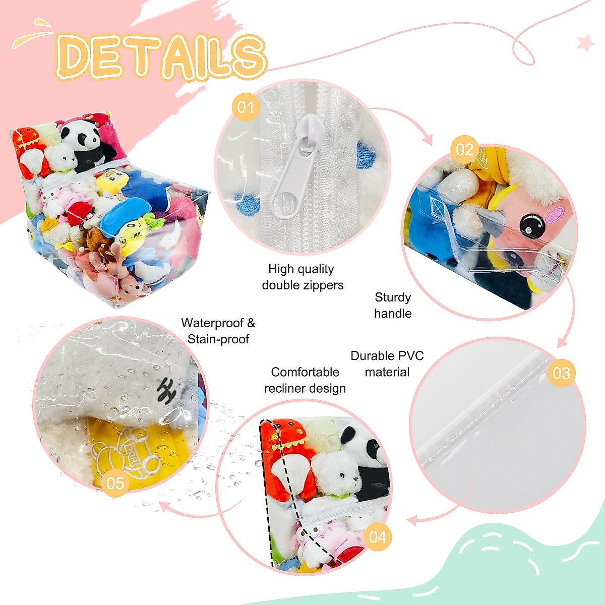 deependo Clear Stuffed Animal Storage Bean Bag Chair for Kids, PVC Bean Bag Chair, Creative Plush Toys Storage, Waterproof Bean Bag Chair Cover for Organizing Toddler & Kids' Rooms Plush Toys