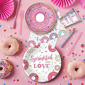 Suhelkit Donut Baby Sprinkle Decorations Tableware Girl - Sprinkled with Love Baby Shower Decorations Party Supplies, Paper Plate, Napkin, Cup, Fork, Pink Donut Baby Shower Decorations | 24 Guests