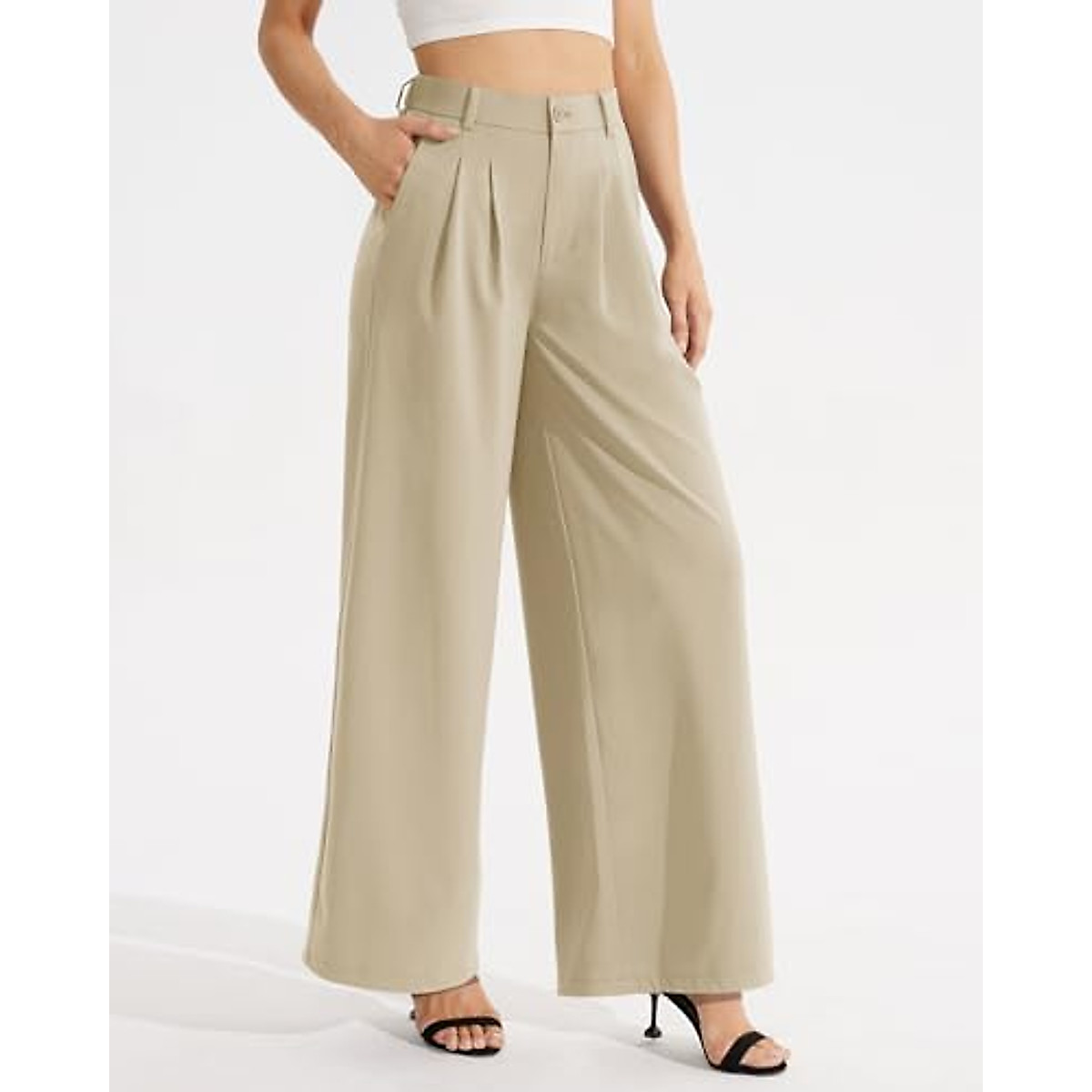 VILIGO Wide Leg Pants for Women High Waist Work Trousers Business Casual Loose Dress Palazzo Flowy Pleated Pants Khaki XL