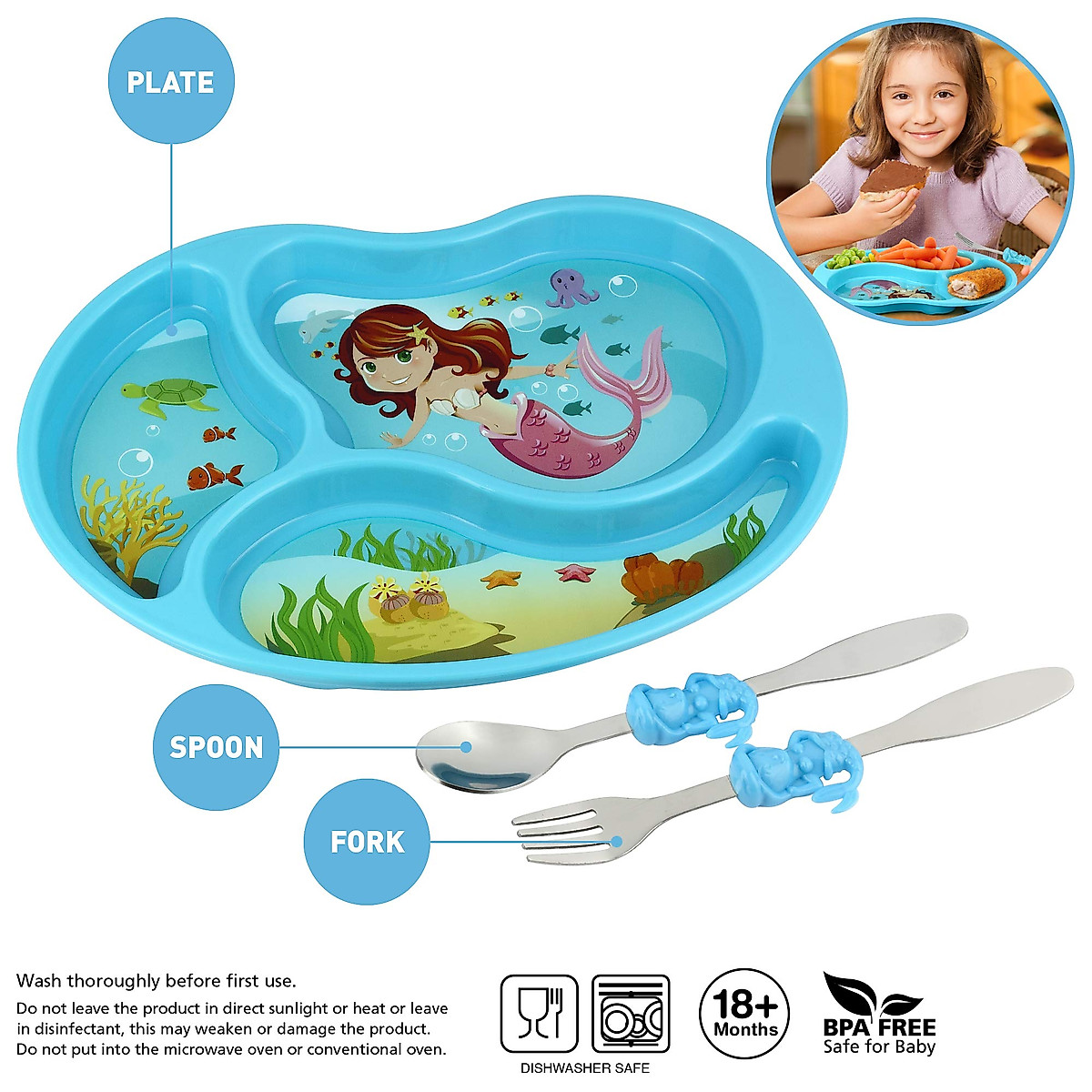 Kids Divided Plate with Utensils - Children's Meal Set with Plate, Fork and Spoon - Mermaid