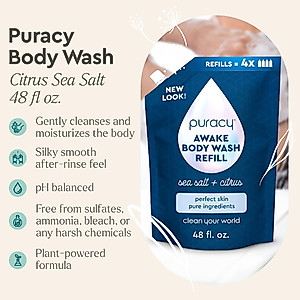 Puracy Body Wash Refill, Natural Body Wash, 98.6% Pure Plant Ingredients, Moisturizing Shower Gel for Women Men Kids, Body Soap for Dry Sensitive Skin Gently Scented with Citrus & Sea Salt, 48 Oz