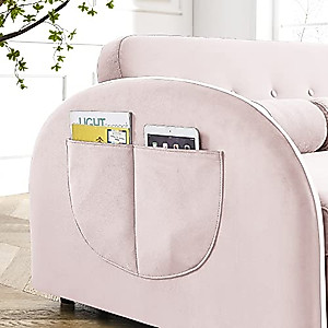 Holaki 55.5" Pull Out Sleep Sofa Bed,Modern Multi-Function Velvet Couch Bed Loveseat with Adjustable Backrest,Side Pocket and 2 Lumbar Pillows,Sleeper Sofa for Living Room Office Apartment(Pink)