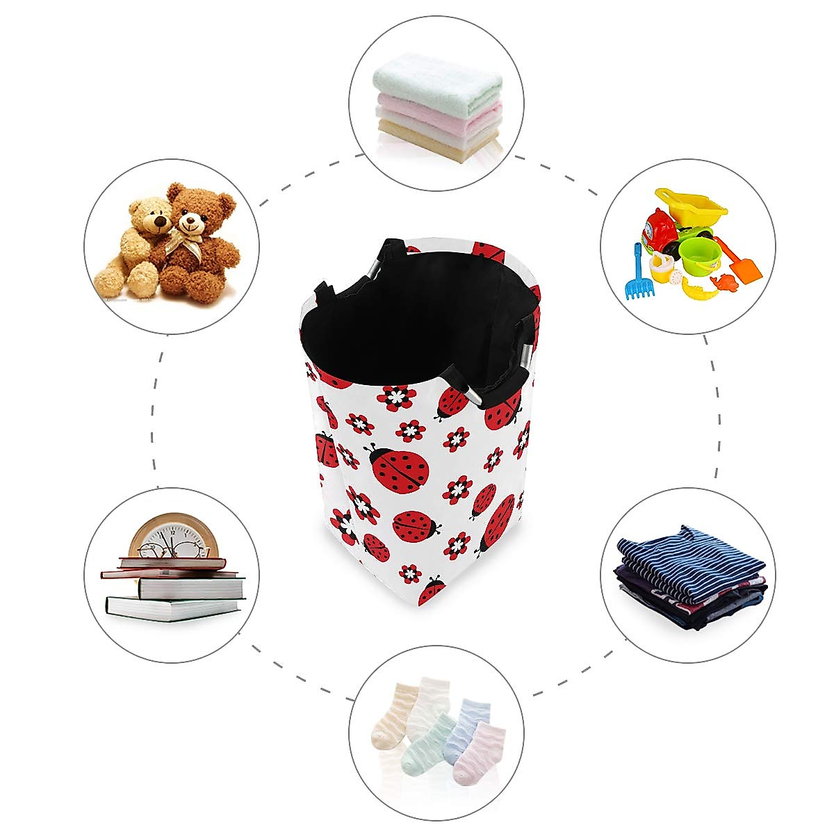 Ladybugs Laundry Hamper, Flower Floral Foldable Laundry Basket with Handles Collapsible Hamper Dirty Clothes Toys Organizer Bag for Laundry Room, Bathroom, Bedroom, College Dorm, Girl Boy Room