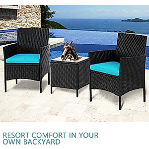 Cemeon 3-Piece Patio Bistro Set Outdoor Conversation Set, Black Wicker Porch Chairs Set Garden Furniture with Coffee Table (Blue Cushion)