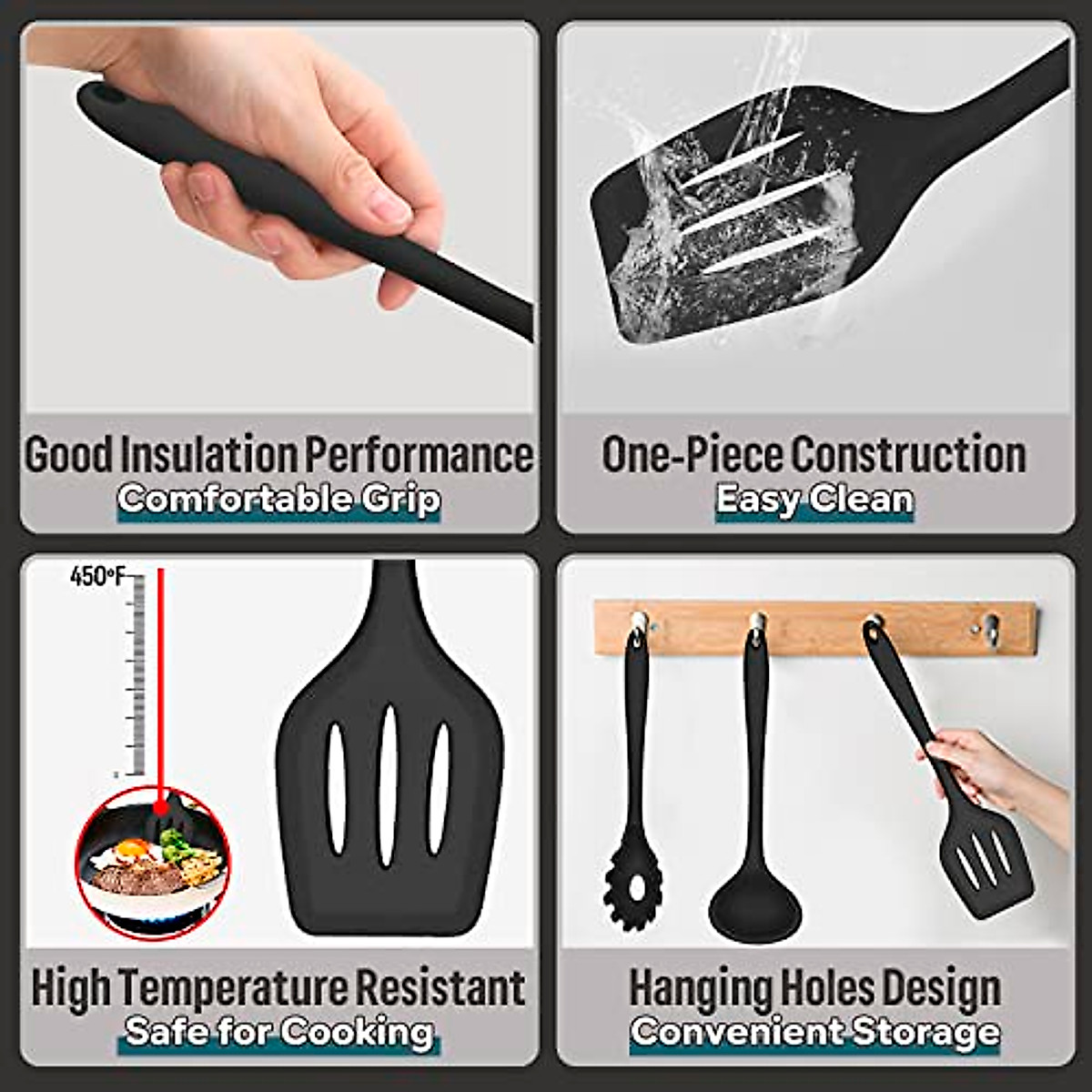 Silicone Cooking Utensils Set, E-far 7-Piece Black Heat Resistant Kitchen Utensils Set, Kitchen Nonstick Tools Spatula Ladle Spoon Pasta Server for Non-stick Cookware, Non-Toxic & Dishwasher safe